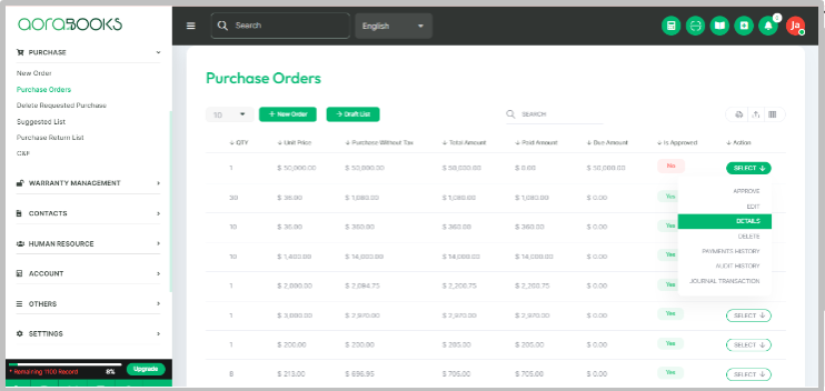 How to create a purchase and how to edit, view details, and delete it | Aorasoft HelpDesk