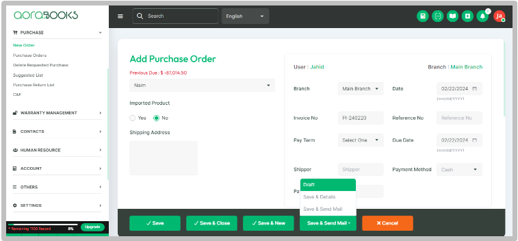How to create a draft purchase | Aorasoft HelpDesk